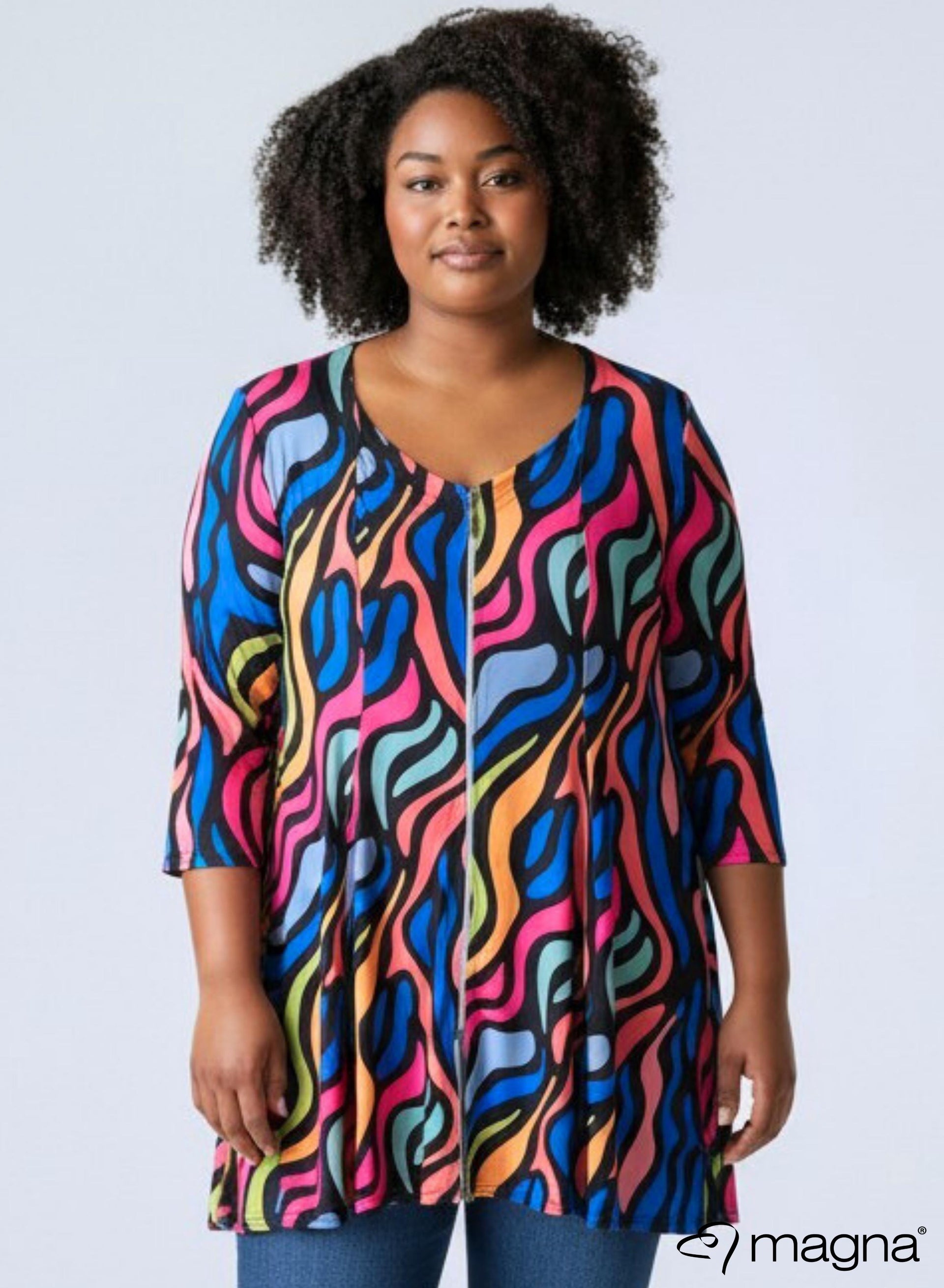 Magna Geprinte A-lijn Tuniek met Rits Bold Lines Waves Blauw Roze ...