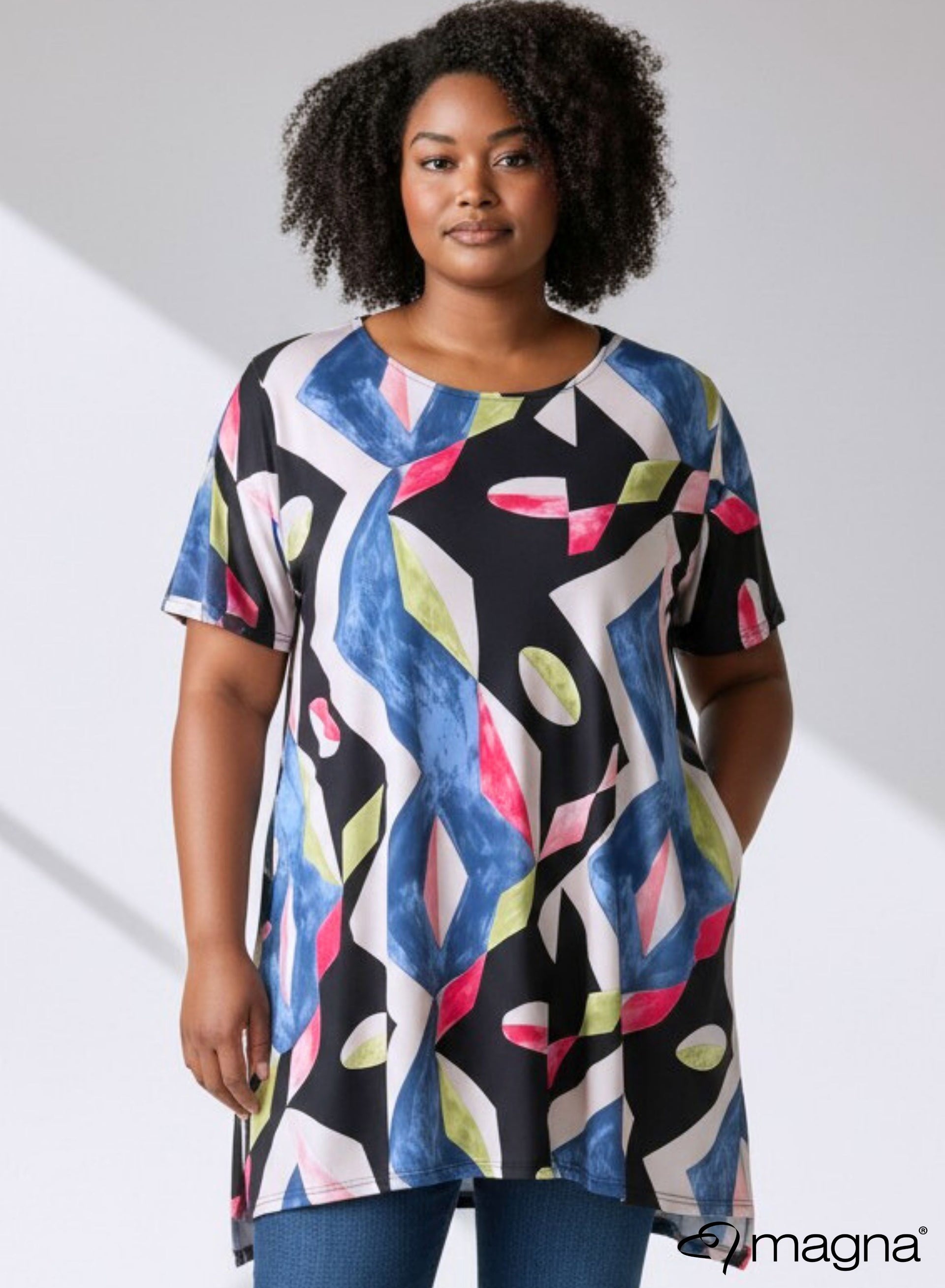 Magna Generous Pocket Tunic Half Sleeves Mixed Shapes Sky Lime ...